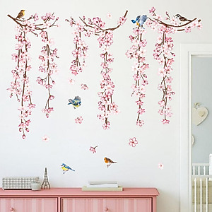 decalmile Cherry Blossom Flower Vine Wall Decals Hanging Floral Tree Branch Birds Wall Stickers Living Room Bedroom Office Wall Decor