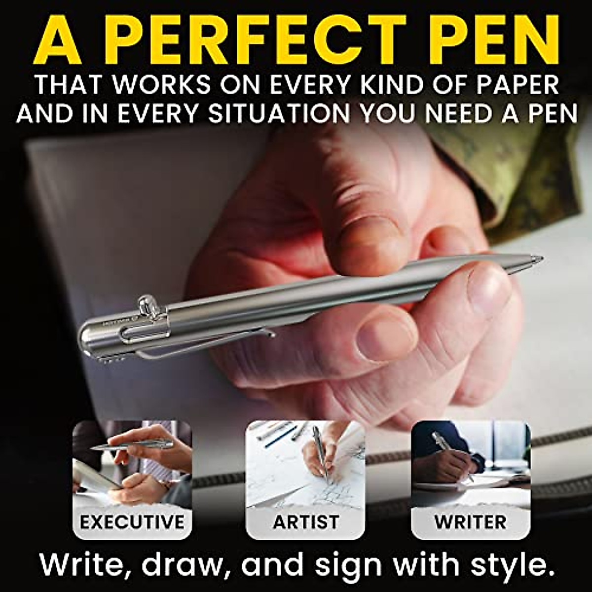 BASTION Stainless Steel Bolt Action Pen with Gift Case - Luxury Executive Retractable Metal Pen - Ink Refillable Office Business Pocket EDC Writing Ballpoint Pens for Men & Women