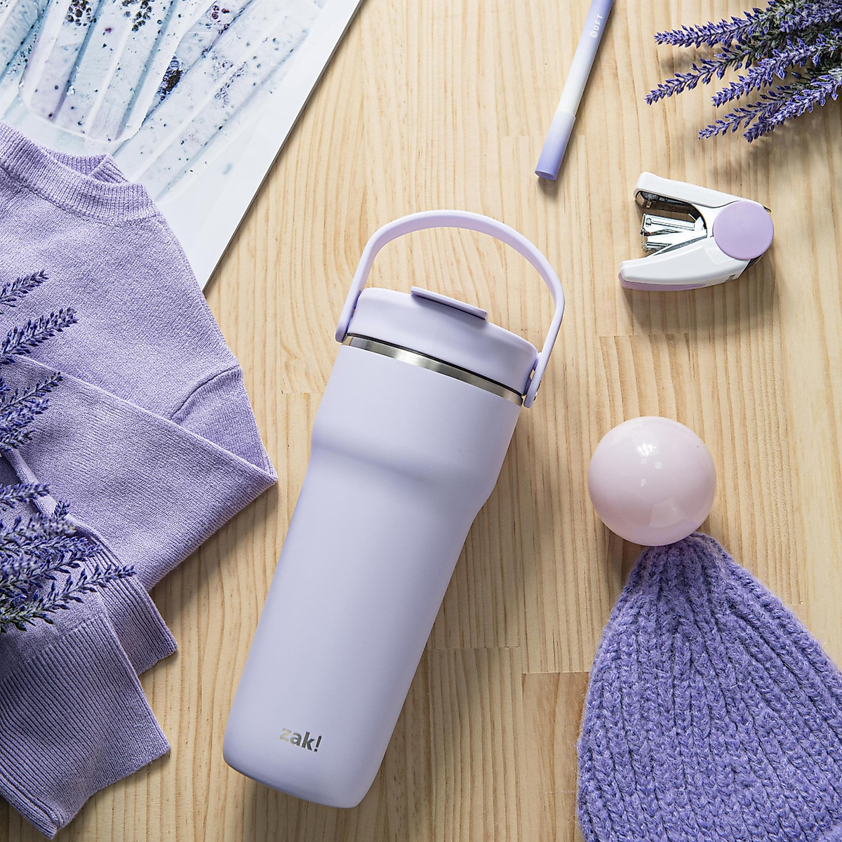 Zak Designs Harmony 2-in-1 Coffee Tumbler for Travel or At Home, 30oz Recycled Stainless Steel is Leak-Proof When Closed and Vacuum Insulated with Handle (Smoky Lilac Purple)