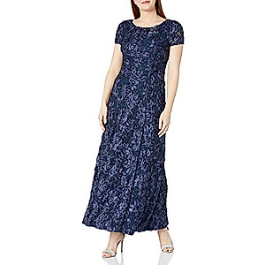 Alex Evenings Women's Long Rosette Lace Cap Sleeve Gown, Navy, 16