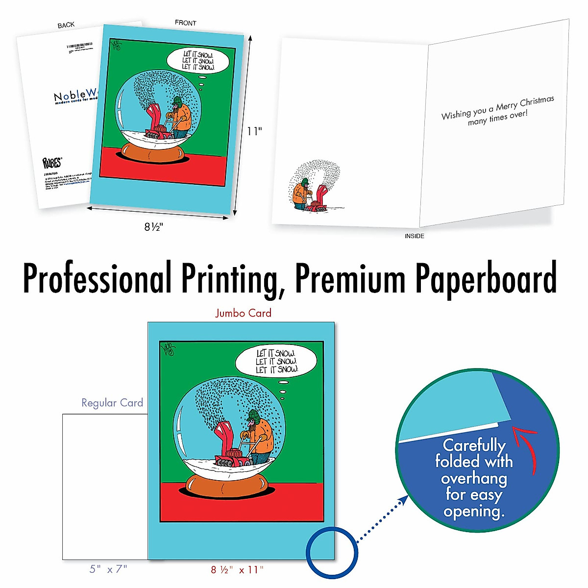 NobleWorks - Big Funny Card for Christmas (8.5 x 11 Inch) - Jumbo Cartoon Notecard, Happy Holiday Humor - Snowglobe Blower J7086XSG