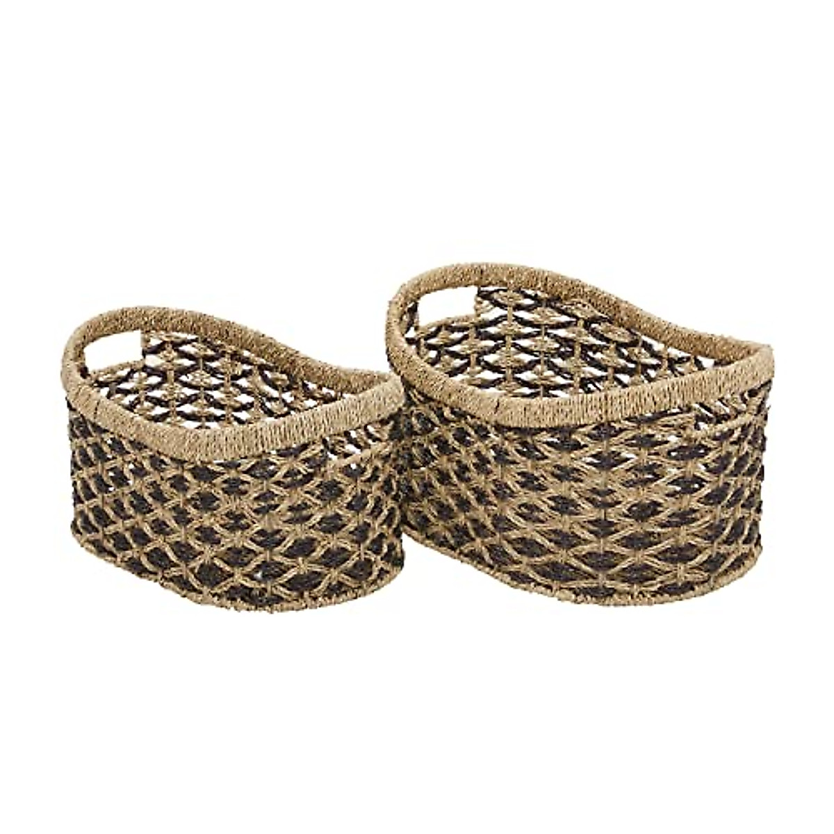 Deco 79 Seagrass Handmade Two Toned Storage Basket with Handles, Set of 2 10", 9"H, Brown