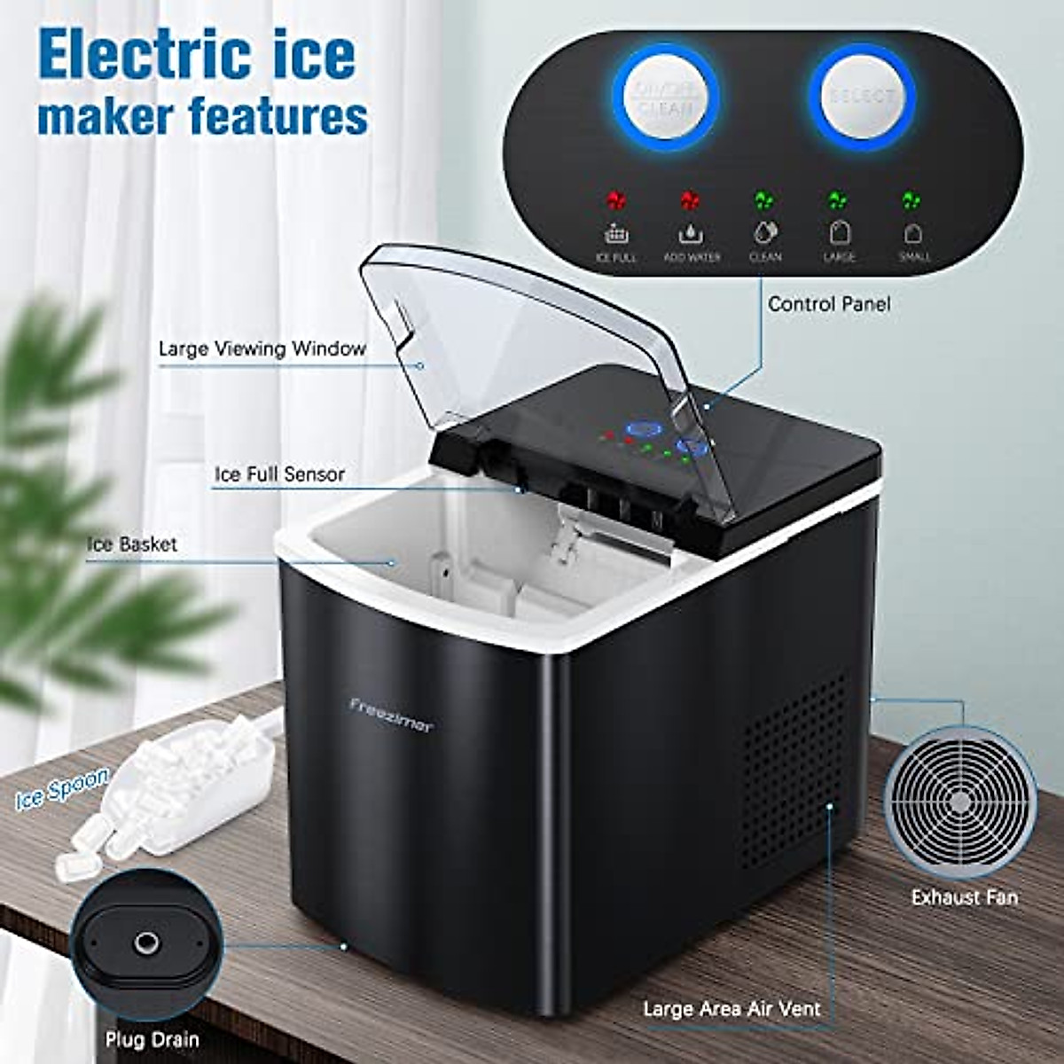 Freezimer Ice Maker Machine for Countertop, 33 lbs/24Hrs, 9 Cubes Ready in 6 Mins Self-Cleaning Electric Ice Machine with Basket and Ice Scoop,Black