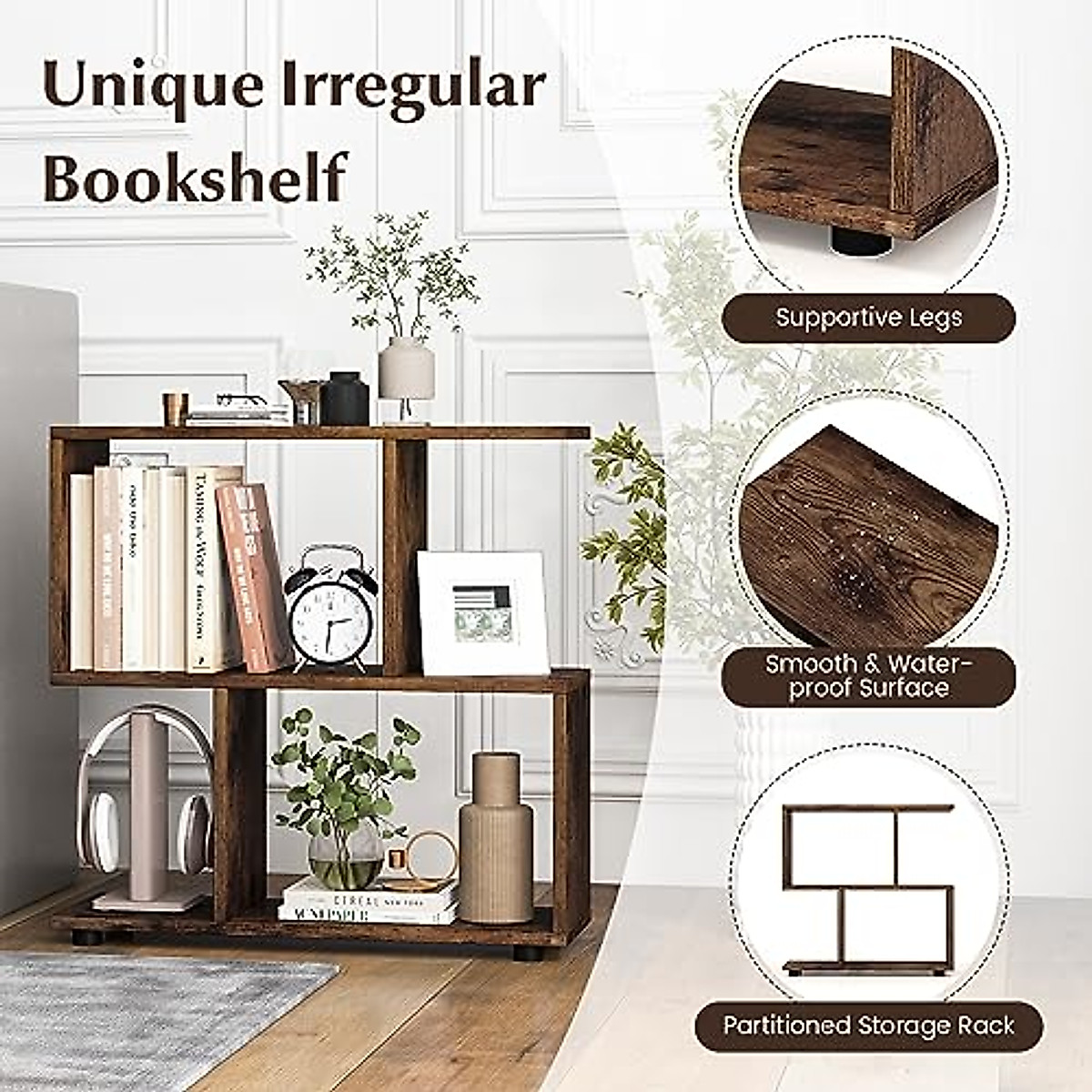 Giantex 3-Tier Geometric Bookshelf, 24" Tall Wood S-Shaped Display Shelves with Thick Foot Pads, Freestanding Open Shelves Nightstand, Floor Standing Display Shelf Bookcase, Brown