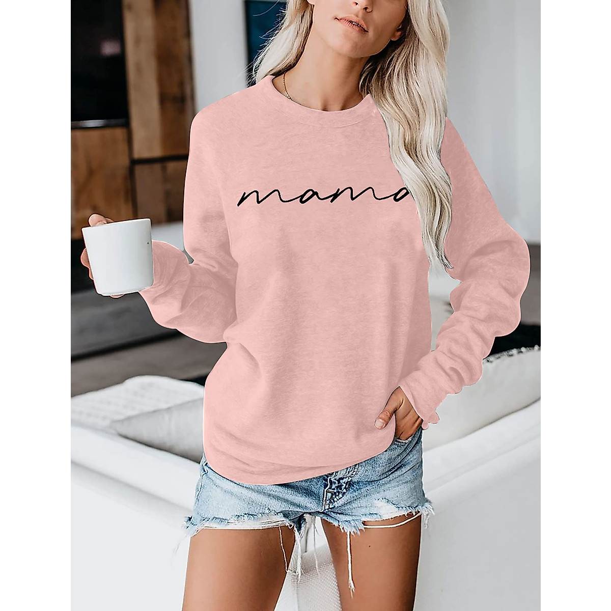 ASTANFY Womens Crewneck Sweatshirt Mama Letter Print Long Sleeve Loose Fashion Pullover Top (Pink, XX-Large)