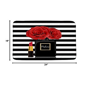 Black Perfume Flower Bath Mat Lipstick Red Rose Woman Lady Makeup Charming Black White Stripe Modern Fashion Cosmetic Sweet Romantic Love Bathroom Mat Microfiber Memory Foam Bath Decor Rugs