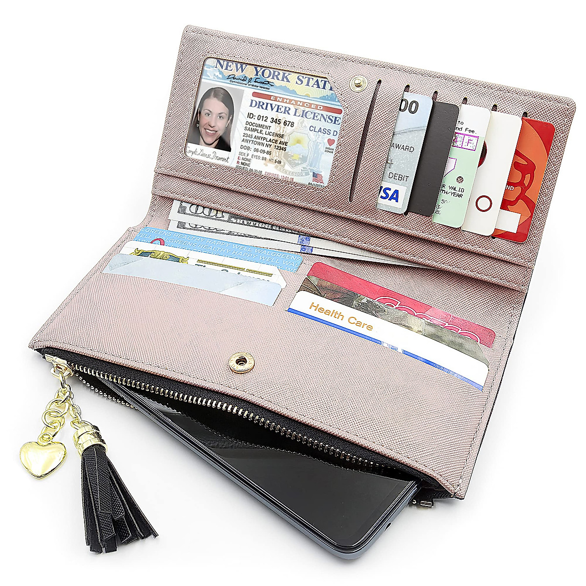 Meilib Wallet for Women Leather Cell Phone Case Holster Bag, Long Slim Credit Card Holder Cute Minimalist Coin Purse Thin Large Capacity Zip Clutch Handbag Wallet for Girls Ladies Black