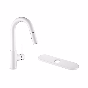 AguaStella AS59W White Bar Faucet with Pull Down Sprayer and ASD52W White Deck Plate