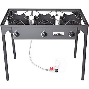 High Pressure Banjo Outdoor Camp Stove with Adjustable Height. 0-20 PSI Adjustable Regulator and Steel Braided Hose (3-Burner)