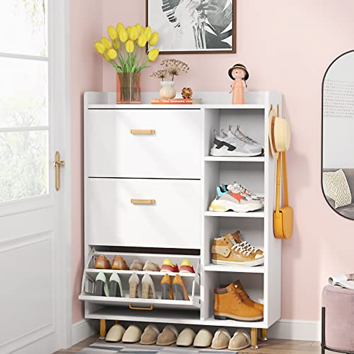 LITTLE TREE Shoe Cabinet, Freestanding Shoes Storage Cabinets with 3 Flip Drawers and Open Shelves for Entryway