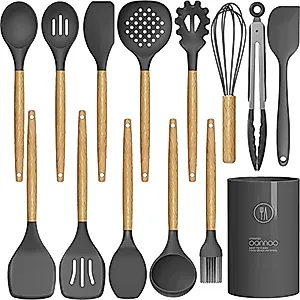 14 Pcs Silicone Cooking Utensils Kitchen Utensil Set - 446°F Heat Resistant,Turner Tongs, Spatula, Spoon, Brush, Whisk, Wooden Handle Gray Kitchen Gadgets with Holder for Nonstick Cookware (BPA Free)