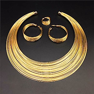 deladola African Choker Necklace Sets Multi-Layer Hoop Gold Plated Bib Choker Earring Bracelet Ring Statement Necklaces for Women (Gold)