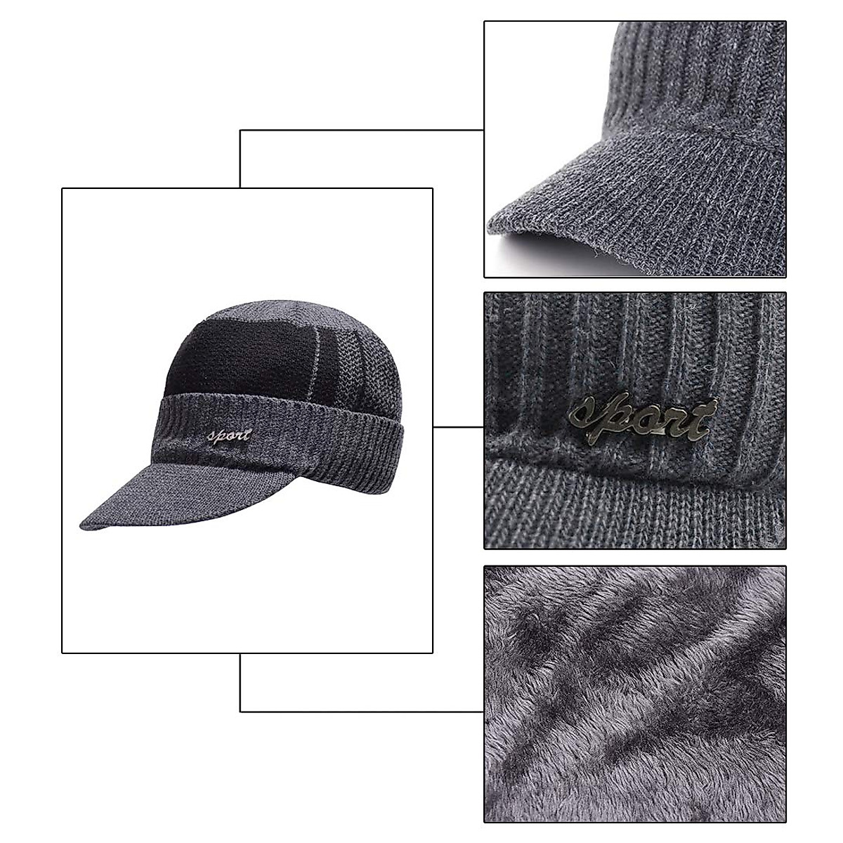 YOYEAH Men's Outdoor Newsboy Hat Winter Warm Thick Knit Beanie Cap Fleece Lined Skull Ski Cap with Visor Blue