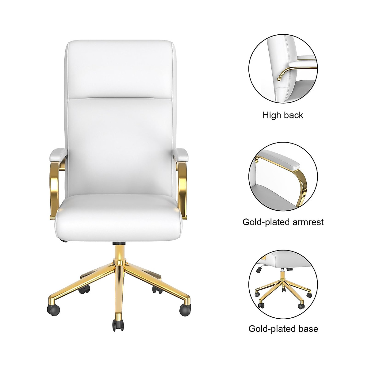 MUZII White Office Chair with Arms, High Back Executive Office Chair Big and Tall, PU Leather Office Desk Chair with Back Support, 360° Swivel Computer Desk Chair for Conference Room