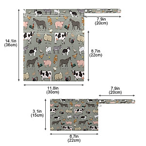 Blueangle Farm Animals Pattern Wet Dry Bag Cloth Diaper Bags - Waterproof Washable Reusable Diaper Organizer，2 Pack