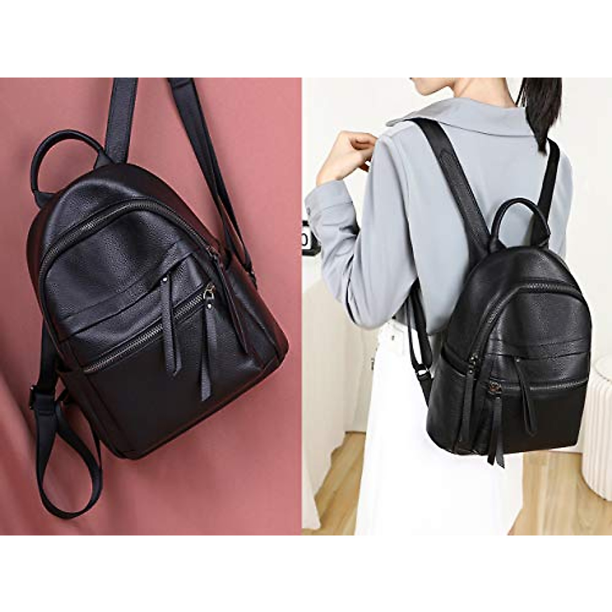 Genuine Leather Backpack Purse for Women Multi-functional Elegant Daypack for ladies (Black)