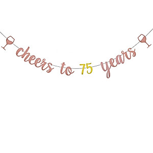 WEIANDBO Cheers to 75 Years Rose Gold Glitter Banner,Pre-Strung,75th Birthday / Wedding Anniversary Party Decorations Bunting Sign Backdrops,cheers to 75 Years