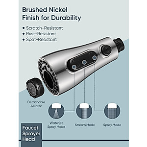 Cobbe Kitchen Faucet Head Replacement, Pull Down Spray Head for Kitchen Sink Faucet, 3 Function Kitchen Sink Sprayer Replacement with 12 Faucet Adapter, American Standard, Brushed Nickel