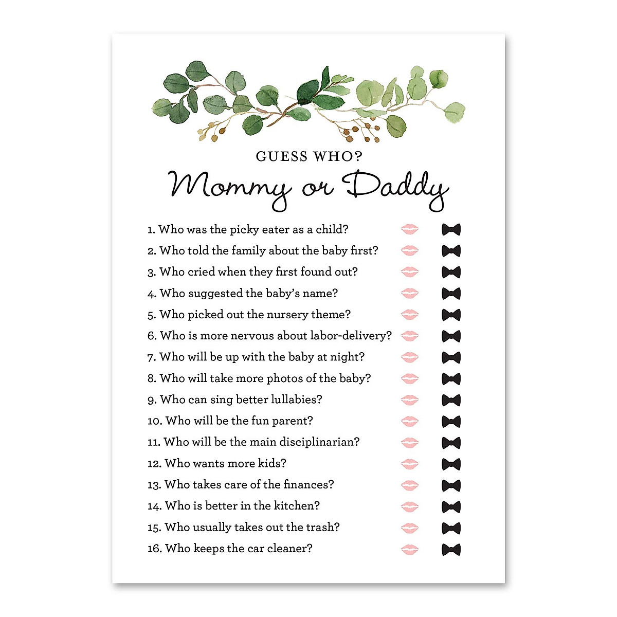 InvitationHouse 24 Greenery Guess Who Mommy or Daddy Game - Mom or Dad Quiz