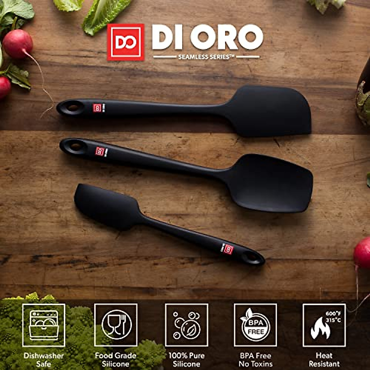 DI ORO Silicone Spatula Set - Rubber Kitchen Spatulas for Baking, Cooking, & Mixing - 600°F Heat-Resistant & BPA Free Silicone Scraper Spatulas for Nonstick Cookware - Dishwasher Safe (3pc, Black)