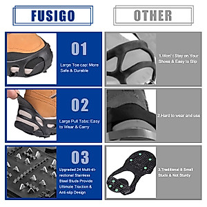 Ice Snow Traction Cleats Crampons for Boots Shoes Non-Slip Overshoe Walk Traction Cleat for Walking on Snow and Ice 24 Steel Ice Cleats for Men Women Kids Jogging Hiking (1 Pair, Size S)