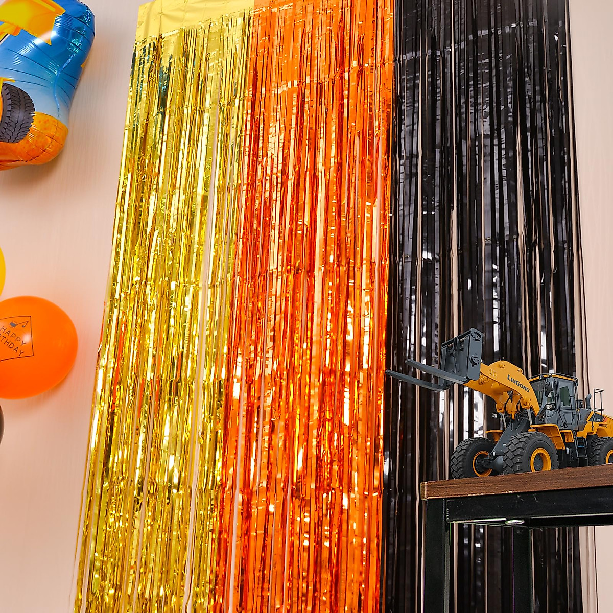 LOLStar 2 Pack Construction Foil Fringe Curtains, Construction Birthday Party Supplies, 3.3x6.6 ft Yellow Orange and Black Tinsel Photo Booth Prop, Streamer Backdrop for Construction Party Decoration