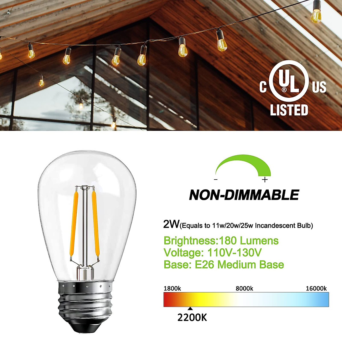 ROMANJOY LED Light Bulbs, 11-15W Equivalent Incandescent Bulbs Replacement, Waterproof Bulbs for Outdoor Patio String Lights, Vintage Edison LED Filament Bulb (S14-2W-E26-15Pack, 2200K Warm White)