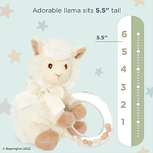 Bearington Baby Lil’ Alma Stuffed Animal Rattle: 5.5” Llama Shaker Toy with Soft Plush Faux-Fur, Satin Bow, Clear Ring and Moving Beads; Makes a Great Baby Shower Gift