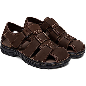 Jousen Men's Arch Support Sandals Leather Fisherman Sandals for Men Closed Toe Outdoor(AMY2012 Dark Brown 10)