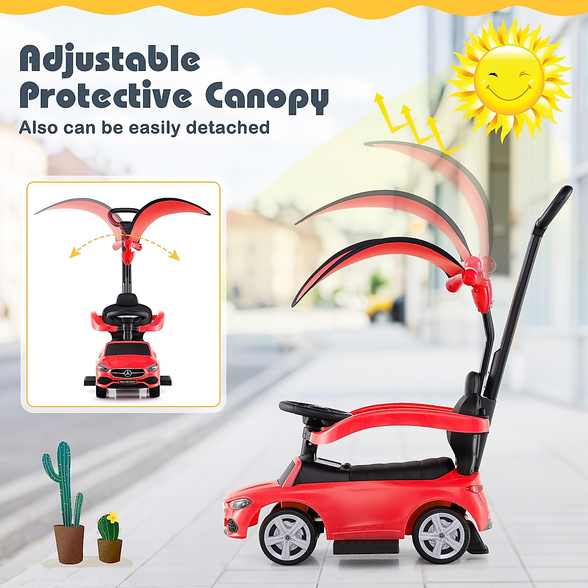 Costzon Push Car for Toddlers, 3 in 1 Mercedes Benz Stroller Sliding Walking Car w/Canopy, Handle, Safety Bar, Cup Holder, Music, Underneath Storage, Foot-to-Floor Ride On Toy for Boys & Girls, Red