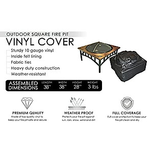 Fire Sense 02056 Outdoor Square Fire Pit Vinyl Cover Patio Heaters Heavy Duty 10 Gauge Felt Lined Water & Weather Resistant Fabric Ties - 38” x 38” - Square