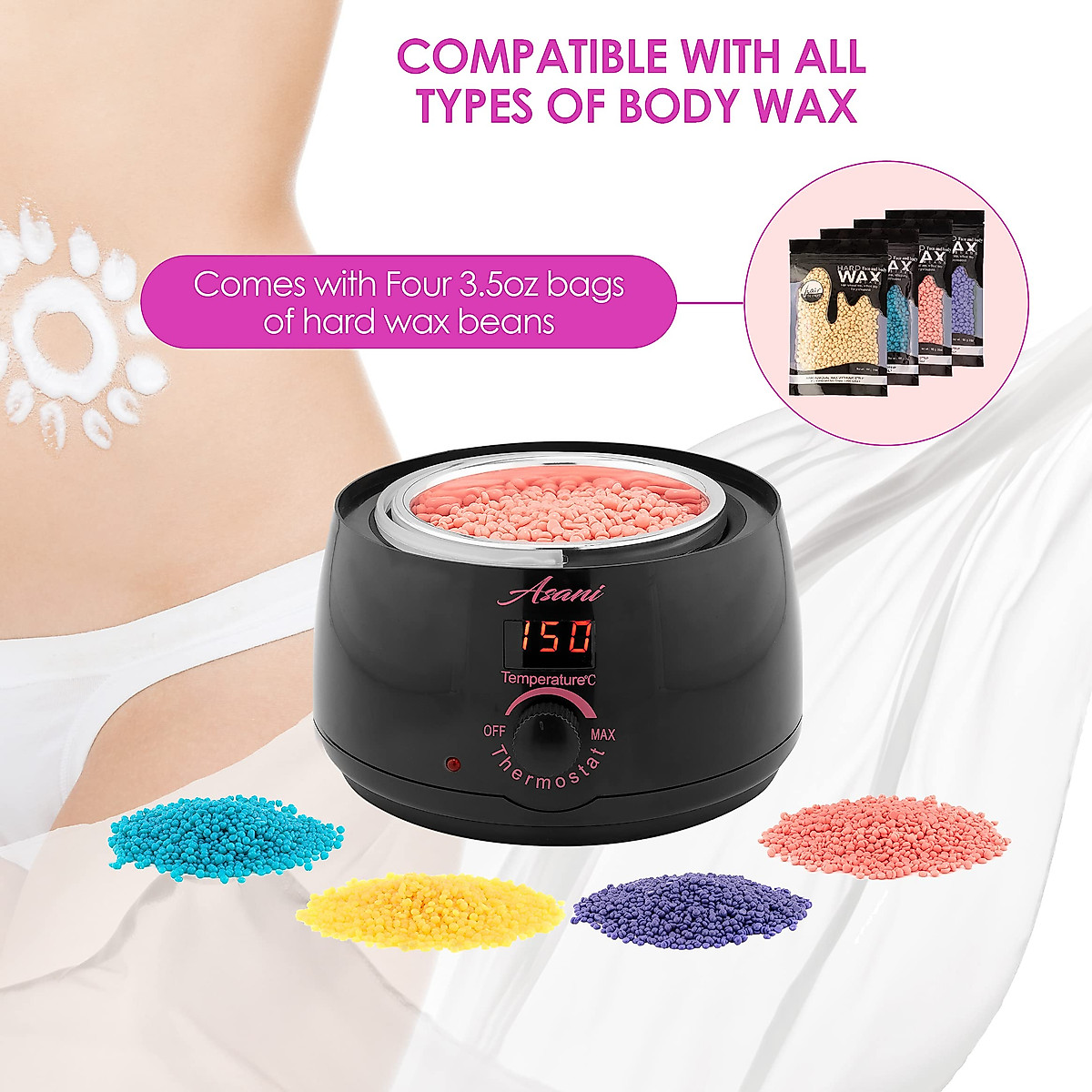 At Home Waxing Kit for Women and Men, Includes Digital Wax Warmer, Hard Wax Beads, Waxing Oils, Applicators, and Bowls, Wax Melter Set for Bikini Line, Eyebrow, Underarm, and Lip Hair Removal