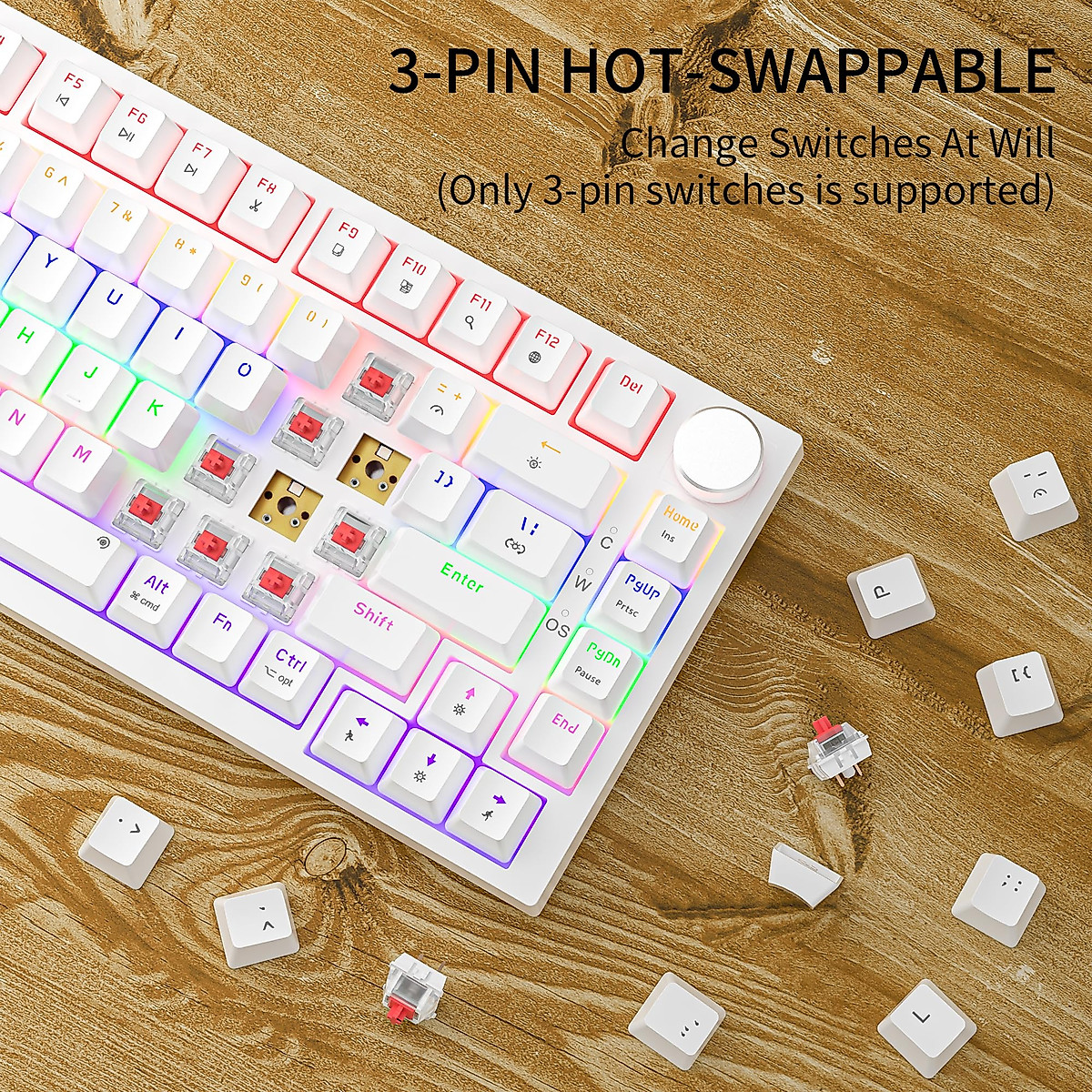 Newmen GM326 75% Percent Mechanical Keyboard,Wired Mini Backlit Hot Swappable Gaming Mechanical Keyboard with Knob,82 Keys Anti-Ghosting Compact White Gaming Keyboard for PC Win Mac,Red Switch
