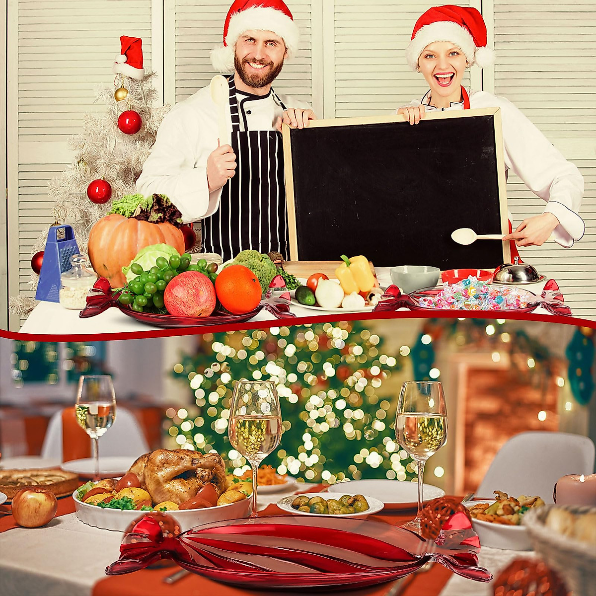 Sliner Christmas Holiday Candy Dish Peppermint Candy Tray Christmas Serving Dishes Candy Cane Christmas Dish Decoration Holiday Candy Bowl Crystal Glass Fruit Plate for Xmas Party(Red, 3Pcs)