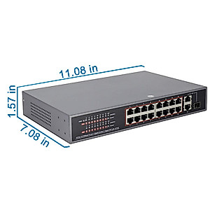 Ethernet PoE Switch with 2 Gigabit RJ45 Uplink and 1 SFP Port,16 10/100M PoE Ports Network-Switches Unmanaged 250W IEEE 802.3af Compliant