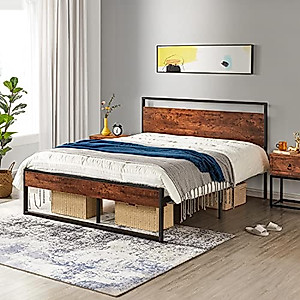 Yaheetech Queen Metal Platform Bed Frame with Rustic Wooden Headboard and Footboard, Mattress Foundation/No Box Spring Needed/12 Inch Underbed Storage/Slats Support/No Noise/Easy Assembly, Mahogany