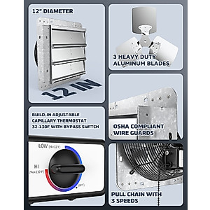 iLIVING 12" Wall Mounted Shutter Exhaust Thermostat Control-3 Speeds Vent Fan For Home Attic, Shed, or Garage Ventilation, 960 CFM, 1200 SQF Coverage Area, Variable, Silver