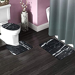 FORSJHSA Black and White Marble Bathroom Rugs Set 3 Piece Non Slip Bath Mat + U-Shaped Contour + Toilet Lid Cover Absorbent Bath Mat Set for Tub, Shower and Bathroom One Size