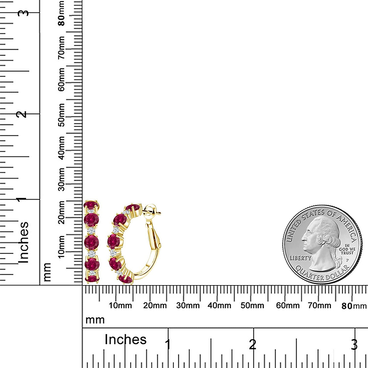 Gem Stone King 18K Yellow Gold Plated Silver Red Created Ruby and White Zirconia Hoop Earrings For Women (2.74 Cttw, Round 4MM and 1.9MM, 1 Inch Diameter)