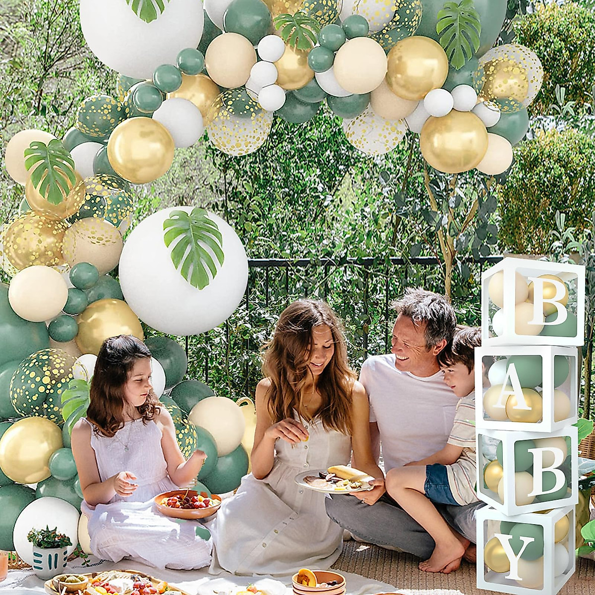 Sage Green Baby Shower Decorations - 4pcs Baby Boxes with Letters for Baby Shower,117pcs Sage Green and White Balloon Arch Kit for Safari Baby Shower Decor,Woodland Birthday Party Decorations