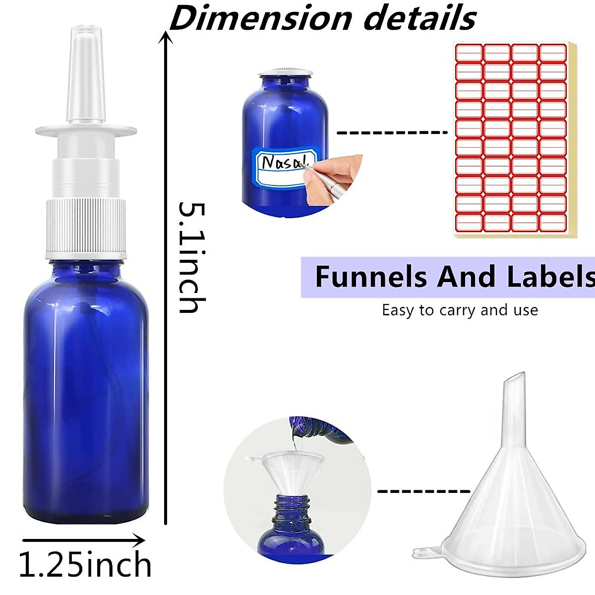 MDJINRUIXI Nasal Spray Bottle, 10 Pcs 30ML/1oz Plastic Blue Refillable Fine Mist Sprayers Atomizers, Small Empty Nasal Sprayer with Funnels and Labels