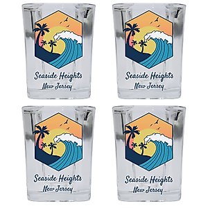 R and R Imports Seaside Heights New Jersey 2 Ounce Square Base Liquor Shot Glass Wave Design 4-Pack
