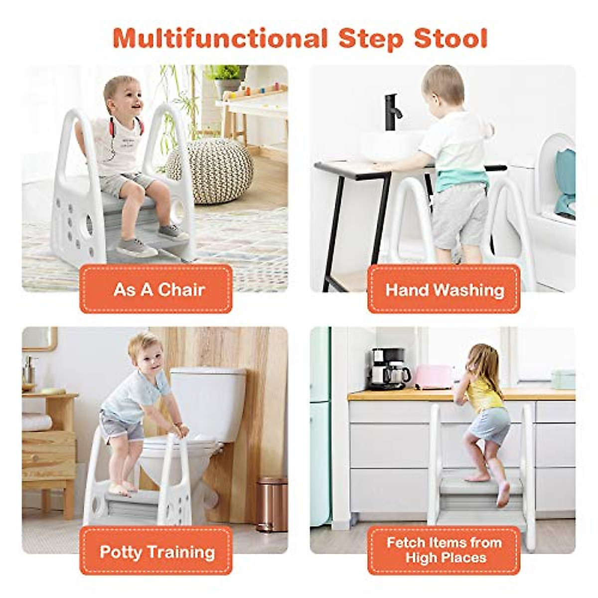 Costzon Kids Step Stool, Toddler Step Ladder for Toilet Potty Training, Kitchen Counter, Bathroom, Two Step Learning Tower w/Non-Slip Design, Safety Handles, 200 Lbs Weight Capacity (Grey)