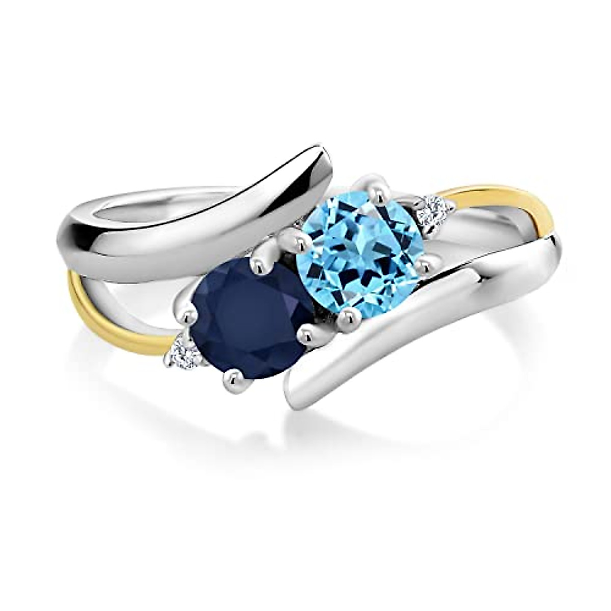 925 Sterling Silver and 10K Yellow Gold Swiss Blue Topaz Blue Sapphire and White Lab Grown Diamond 2 Stone Crossover Ring For Women (1.27 Cttw, Gemstone Birthstone, Available In Size 5, 6, 7, 8, 9)