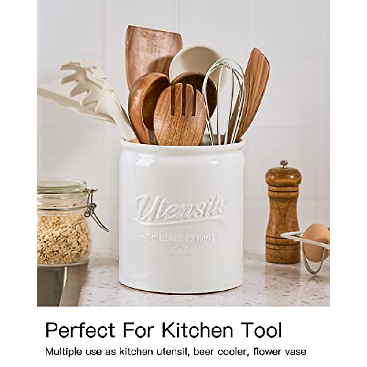 Getstar Utensil Holder for Kitchen Counter (7.2” x 6.2”) , Large Kitchen Utensil Holder with Protective & Non-Slip Cork Mat, Ceramic Cooking Utensil Holder (White)