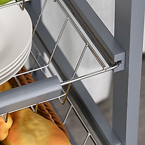 HOMCOM Mobile Kitchen Cart, Rolling Kitchen Island with Storage, Solid Wood Frame Utility Cart with Wire Fruit Baskets and Drawer, Gray