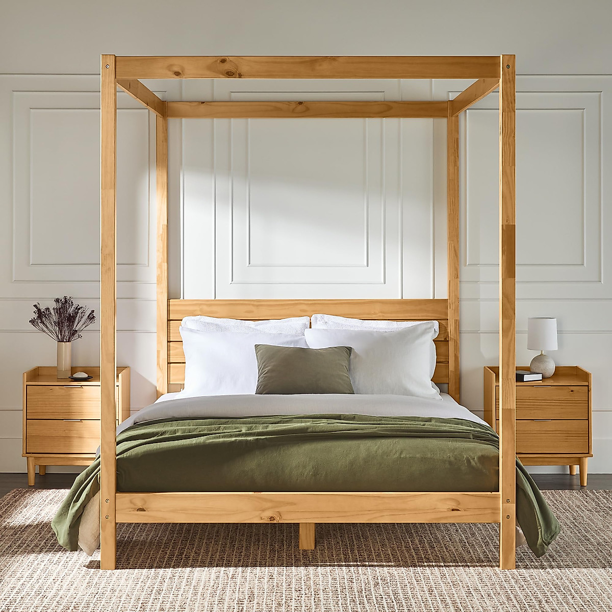 Walker Edison Ayla Boho Slatted Headboard Queen Bedframe with Canopy, Queen Size, Natural Pine