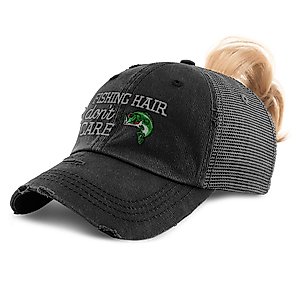 Speedy Pros Womens Ponytail Cap Fishing Hair Don't Care Embroidery Cotton Distressed Trucker Hats Strap Closure Black