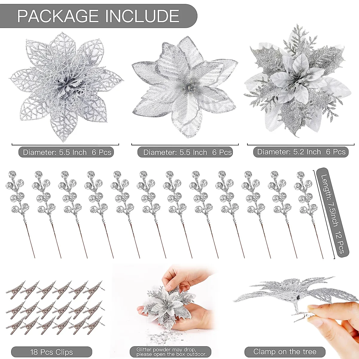 Sggvecsy 30 Pcs 3 Styles Christmas Glitter Poinsettia Flowers Artificial Berry Picks Christmas Tree Ornaments Artificial Christmas Flowers with Clips for Xmas Wreath Wedding Floral Decorations(Silver)