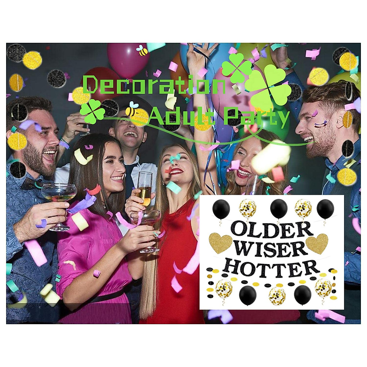 OLDER WISER HOTTER Banner Funny Birthday Party Decoration Supplies Glitter Hanging Garland Kit 10pcs Balloons Bunting 30th 40th 50h 60th 70th 80th Birthday Party Photobooth Backdrop Adult Black Gold